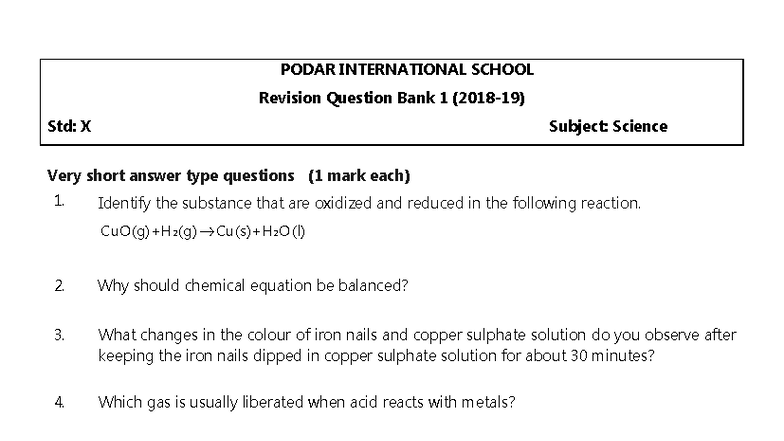 PODAR INTERNATIONAL SCHOOL Std X Science Revision Question Bank 1 - Studocu
