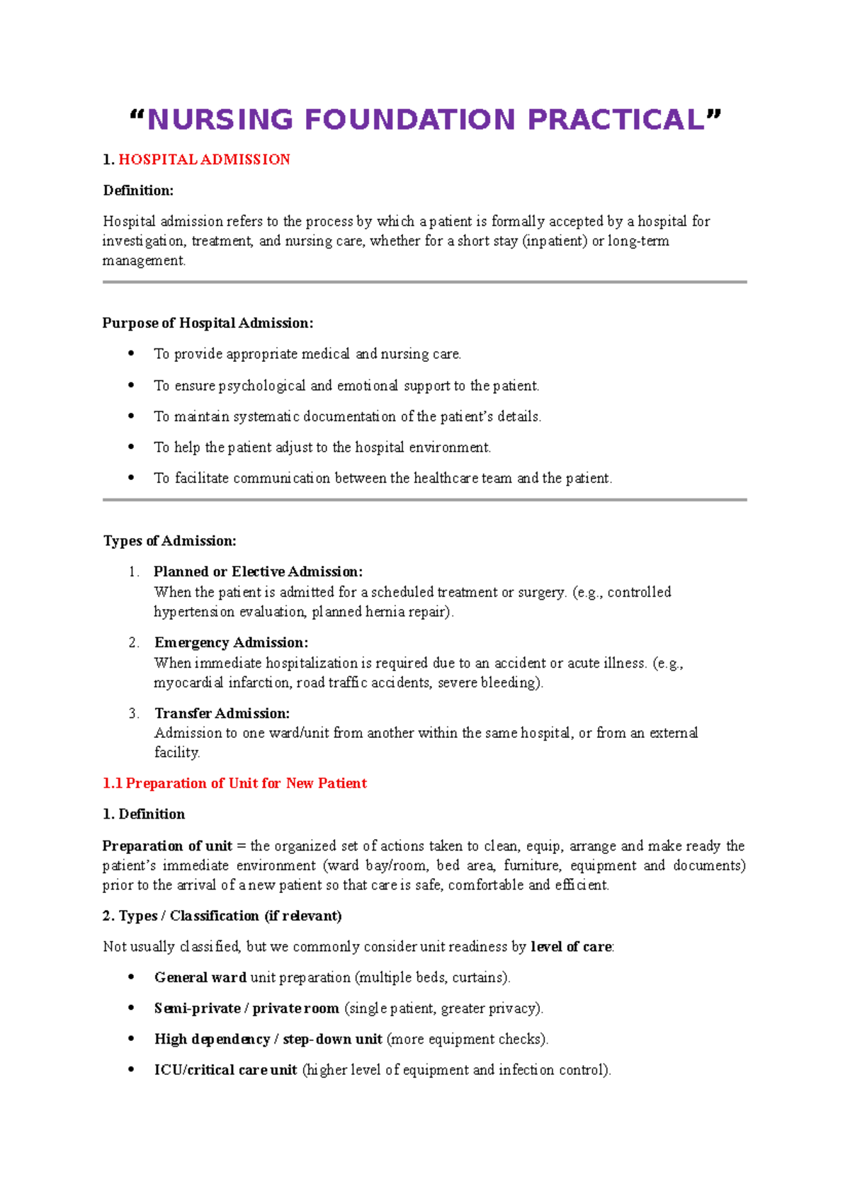 FOUNDATION 1. HOSPITAL ADMISSION: Procedures and Best Practices - Studocu