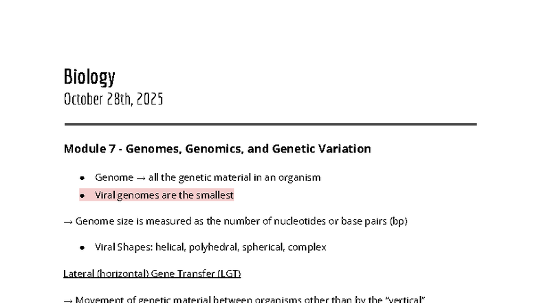 Biology 101 Module 7: Genomes, Genomics, and Genetic Variation Notes ...