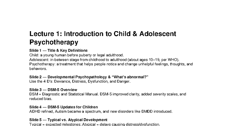 Lecture Notes: Intro to Child Adolescent Psychotherapy (PSY 101) - Studocu