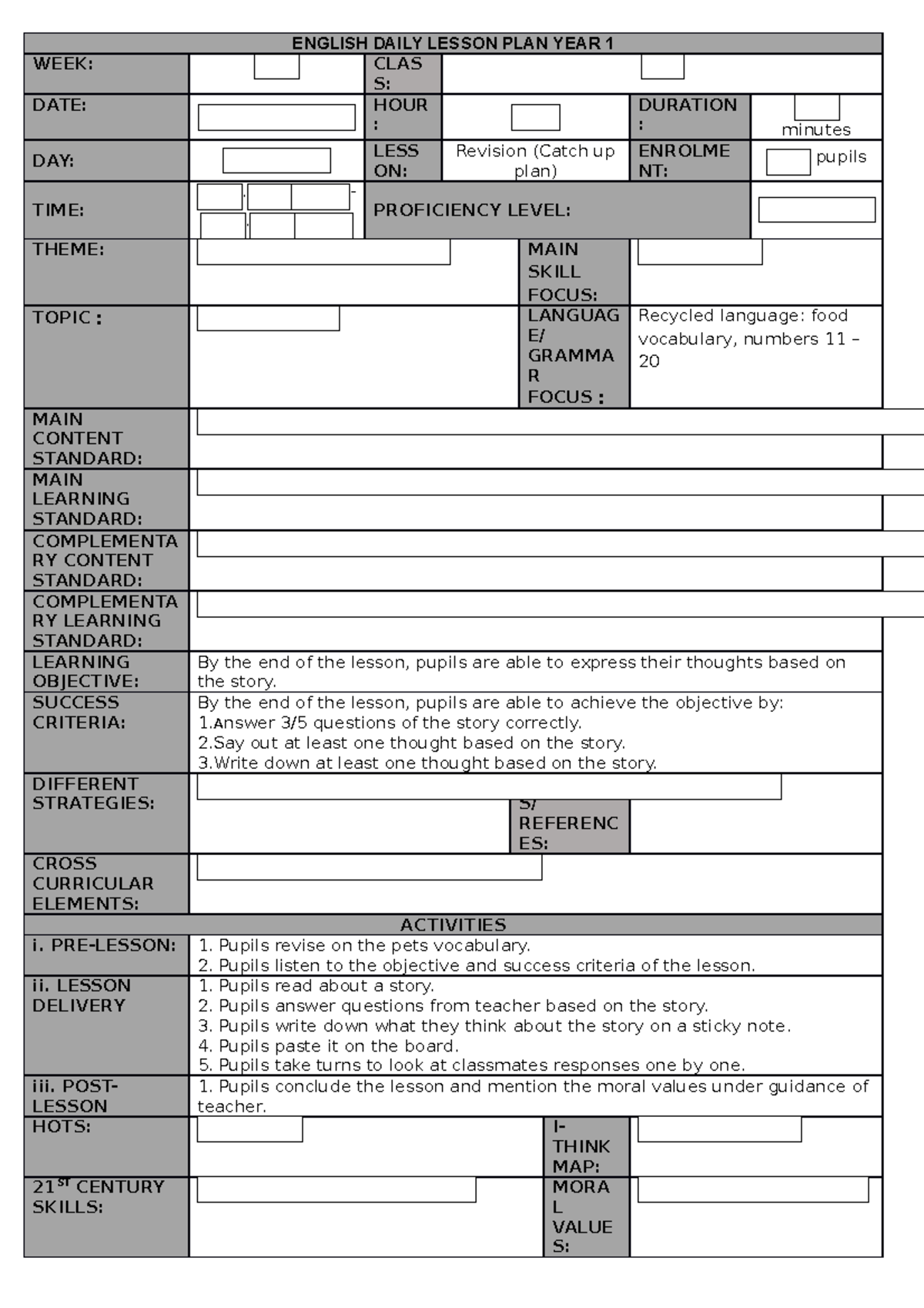 RPH BI Year 1 template - RPH - ENGLISH DAILY LESSON PLAN YEAR 1 WEEK ...