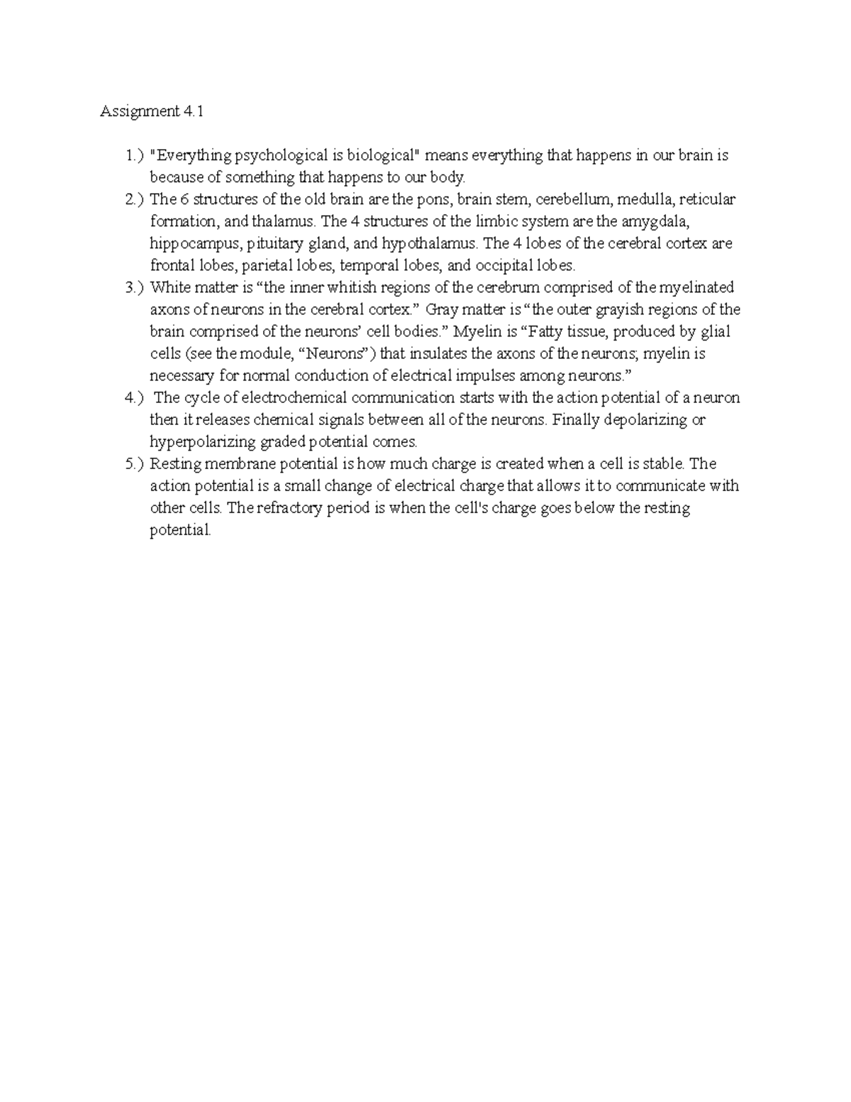 PSY 101: Assignment 4 - Brain Structures and Neural Communication - Studocu