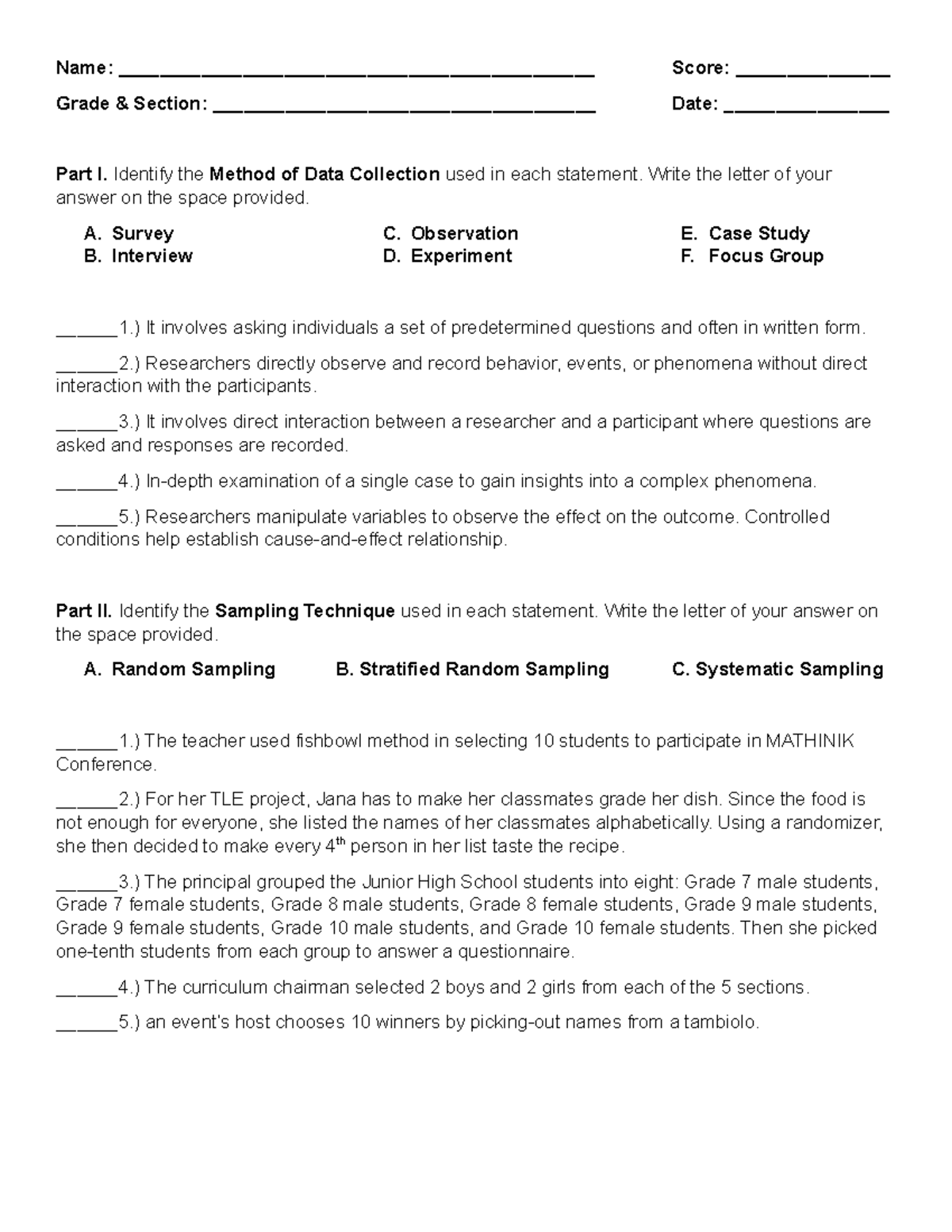 G7 - QUIZ 2 - Data Collection & Sampling Techniques Activity - Studocu