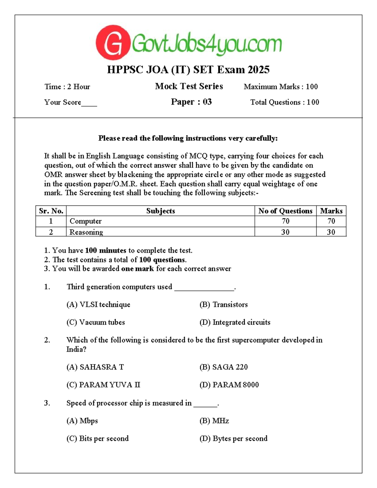 HPPSC JOA (IT) SET Exam 2025 Mock Test Paper 3 with Solutions - Studocu