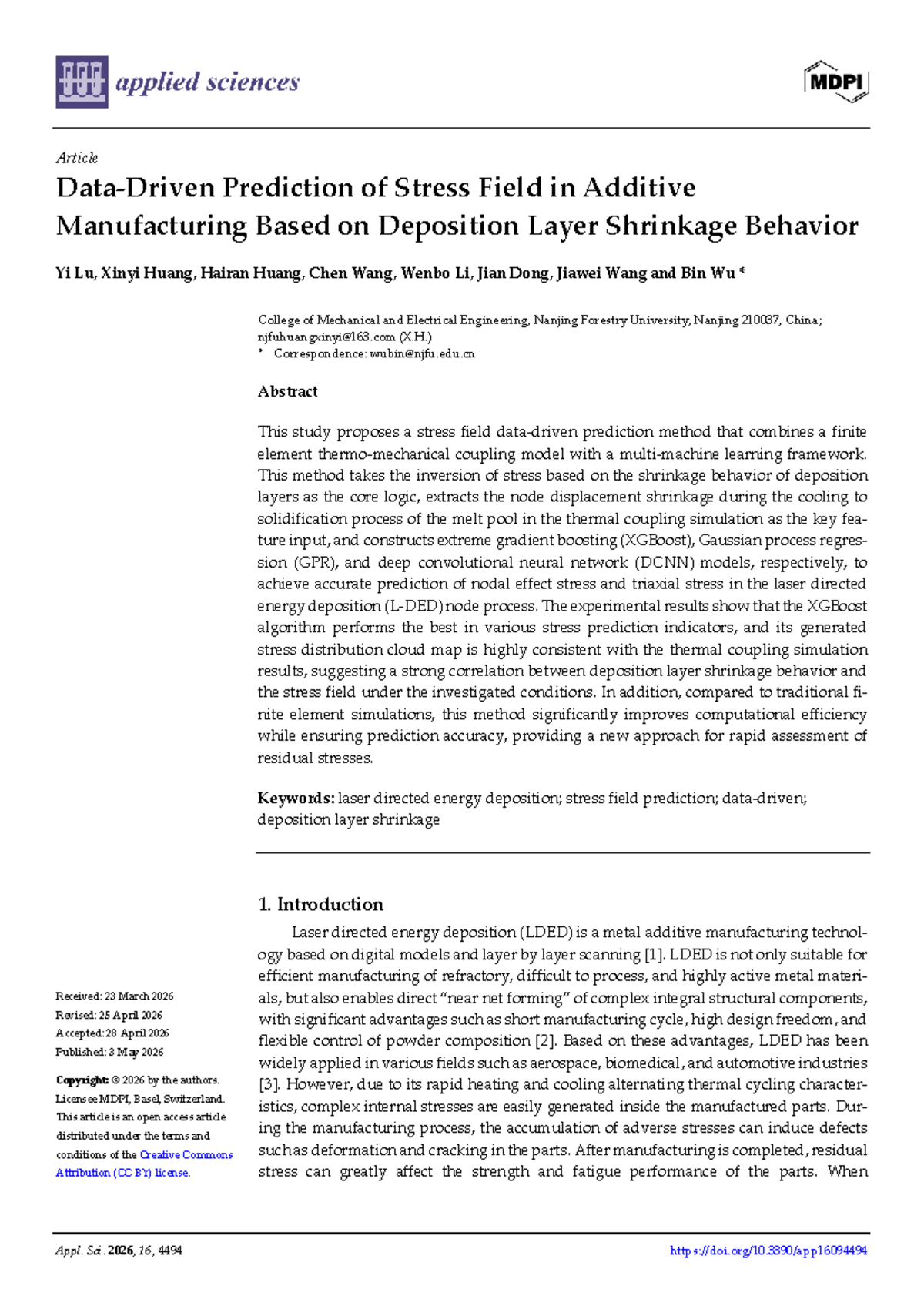 Prediction of Stress Field in Additive Manufacturing (Appl. Sci. 2026 ...