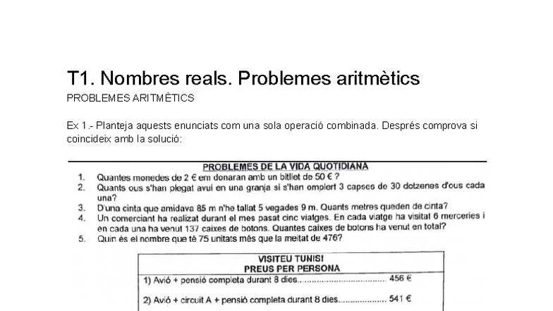 T1. Nombres Reals: Problemes Aritmètics i Operacions Combinades - Studocu