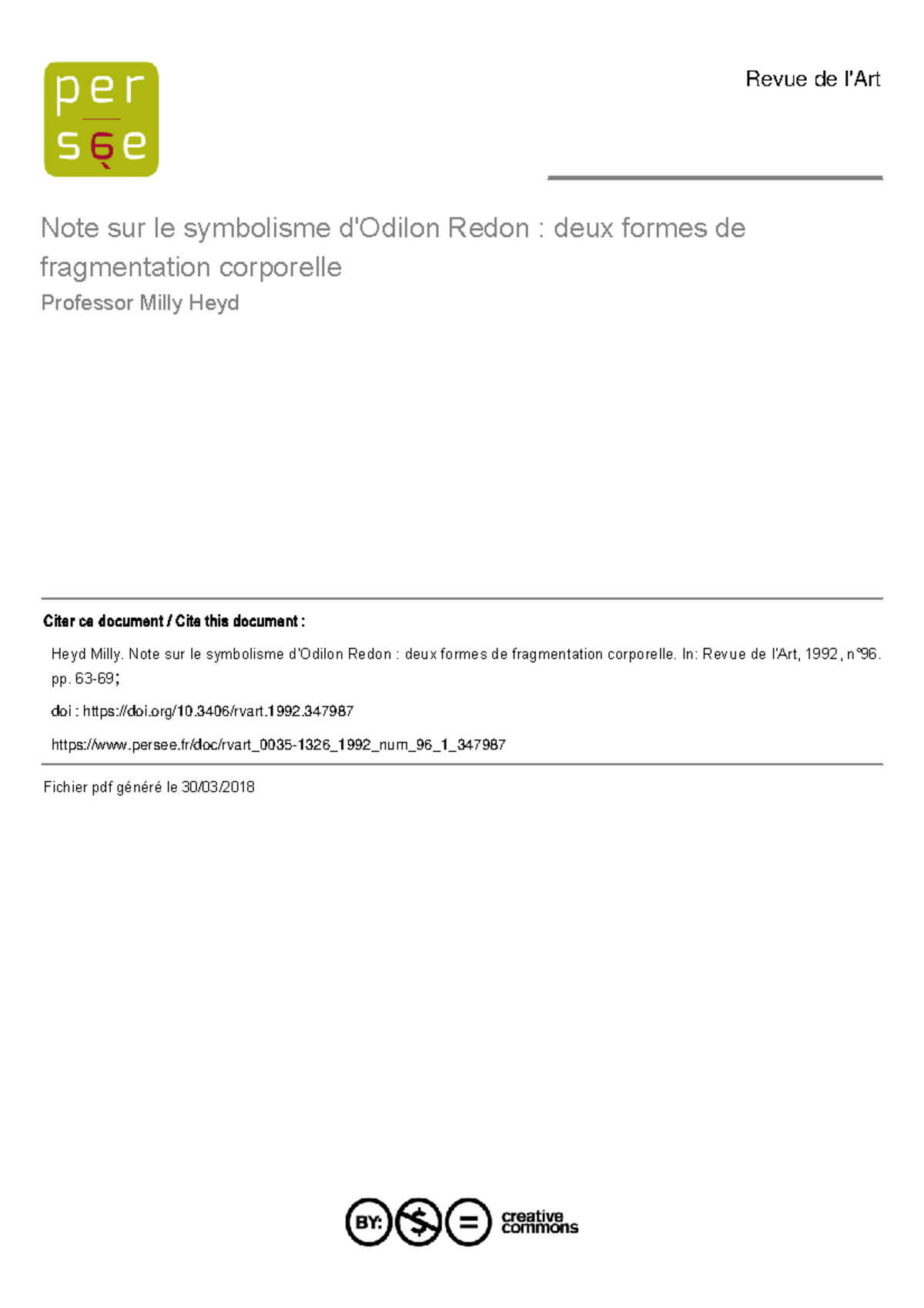 Note sur le symbolisme Redon : Fragmentation corporelle et identité ...