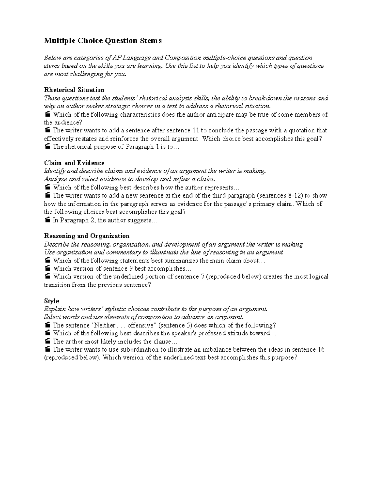 AP Lang & Comp MCQ Question Stems & Analysis Guide - Studocu