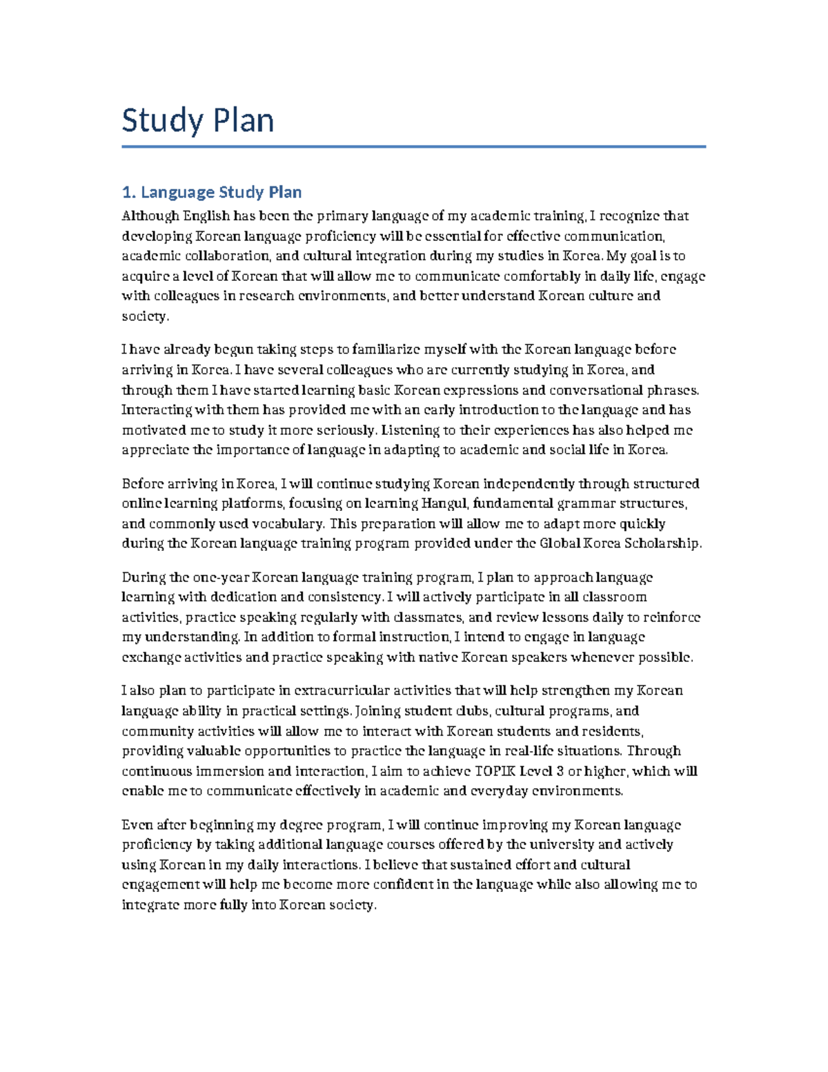 GKS Study Plan: Korean Language & Environmental Engineering Goals - Studocu