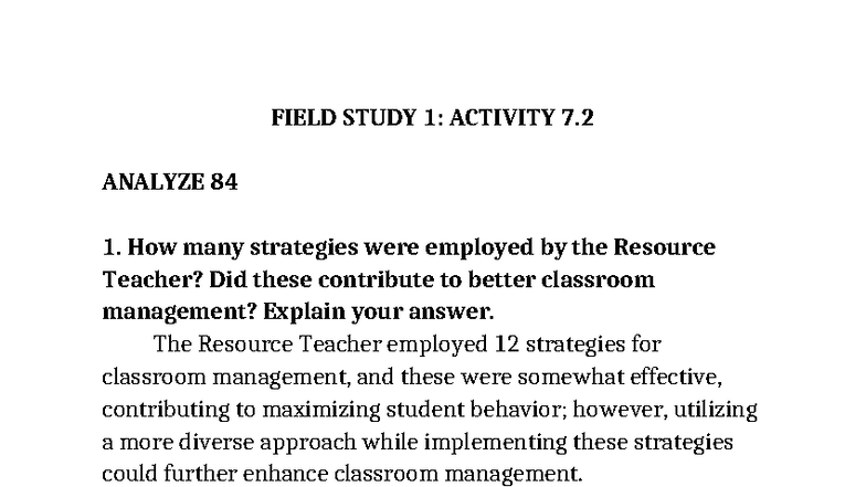Field Study 1: Activity 7.2 Classroom Management Strategies Analysis ...