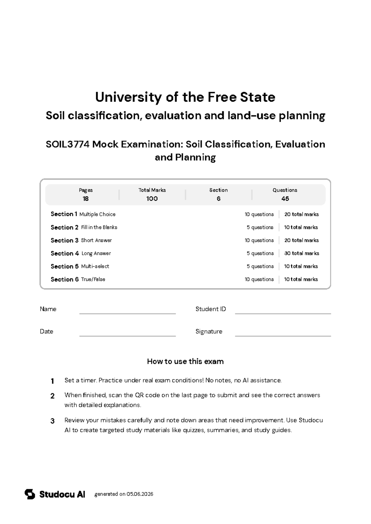 SOIL3774 Mock Exam: Soil Classification & Evaluation - Studocu