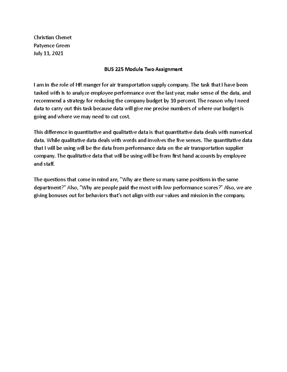 BUS225 Module Two Assignment: HR Performance Analysis & Budget Strategy ...