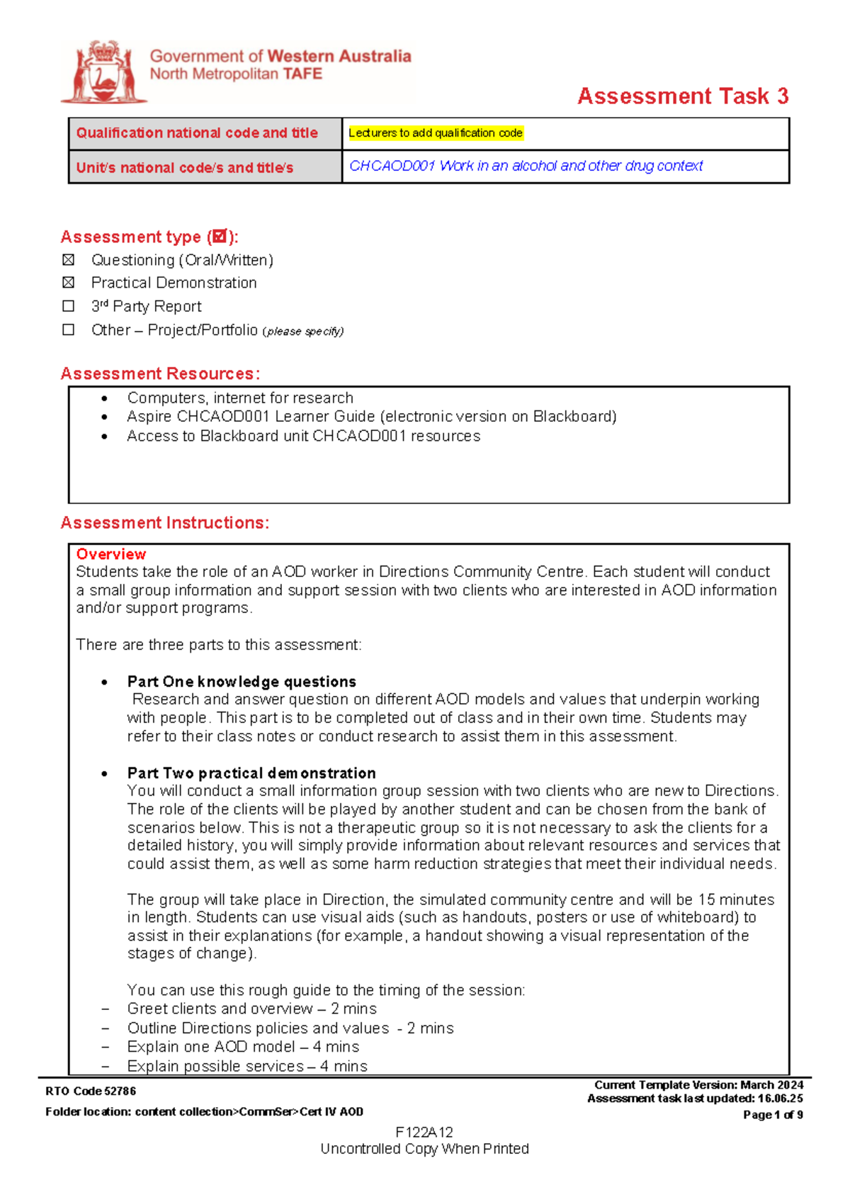 CHCAOD001 Assessment Task 3: AOD Worker Role Play & Reflection - Studocu