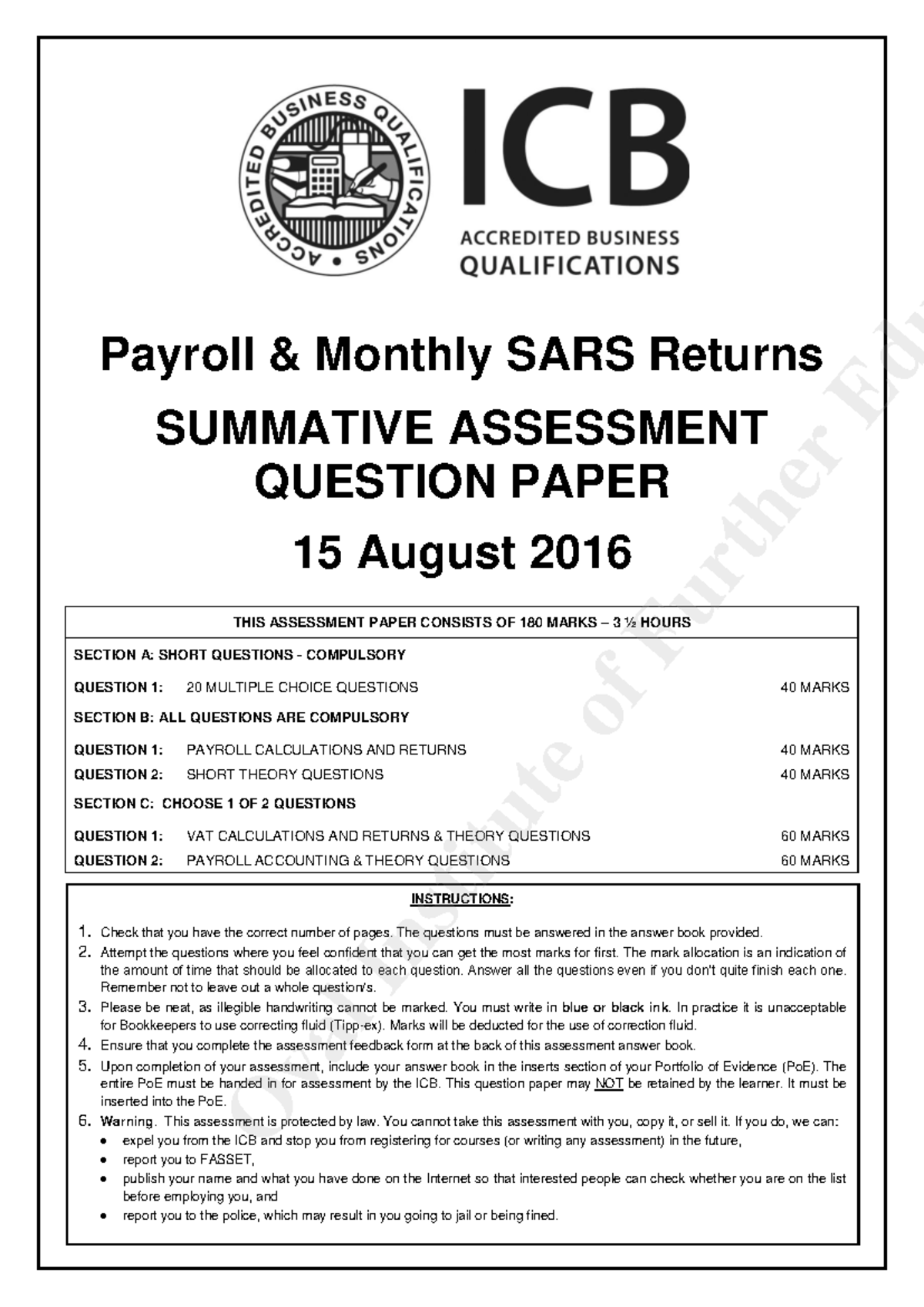 PR - 15 Aug 2016 - Summative Assessment on Payroll & SARS Returns - Studocu