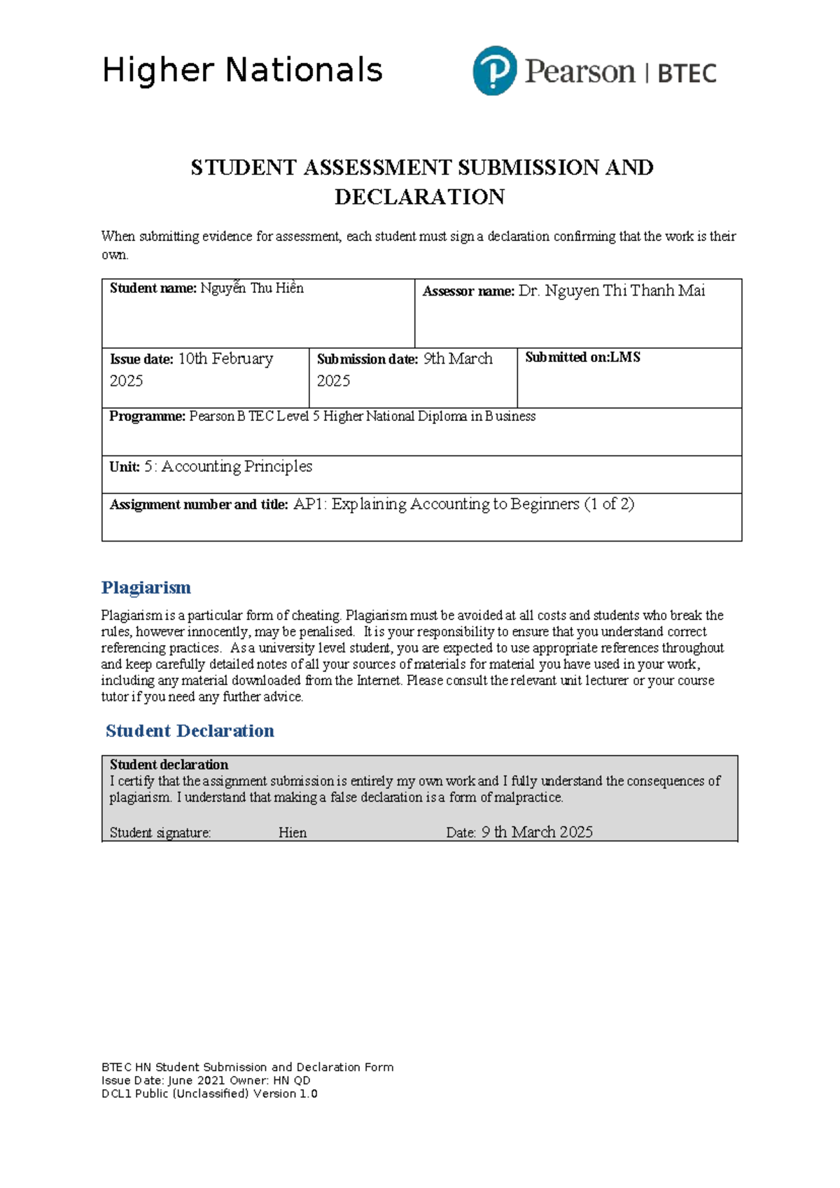 BTEC HN Level 5 Assignment AP1: Student Declaration Form - Studocu