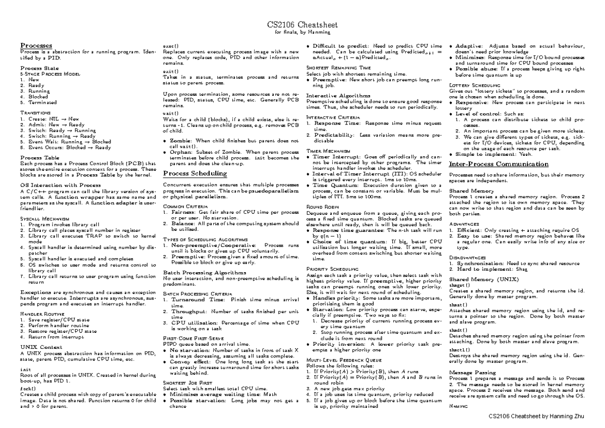 CS2106 Final Exam Cheatsheet - Key Concepts and Processes - Studocu