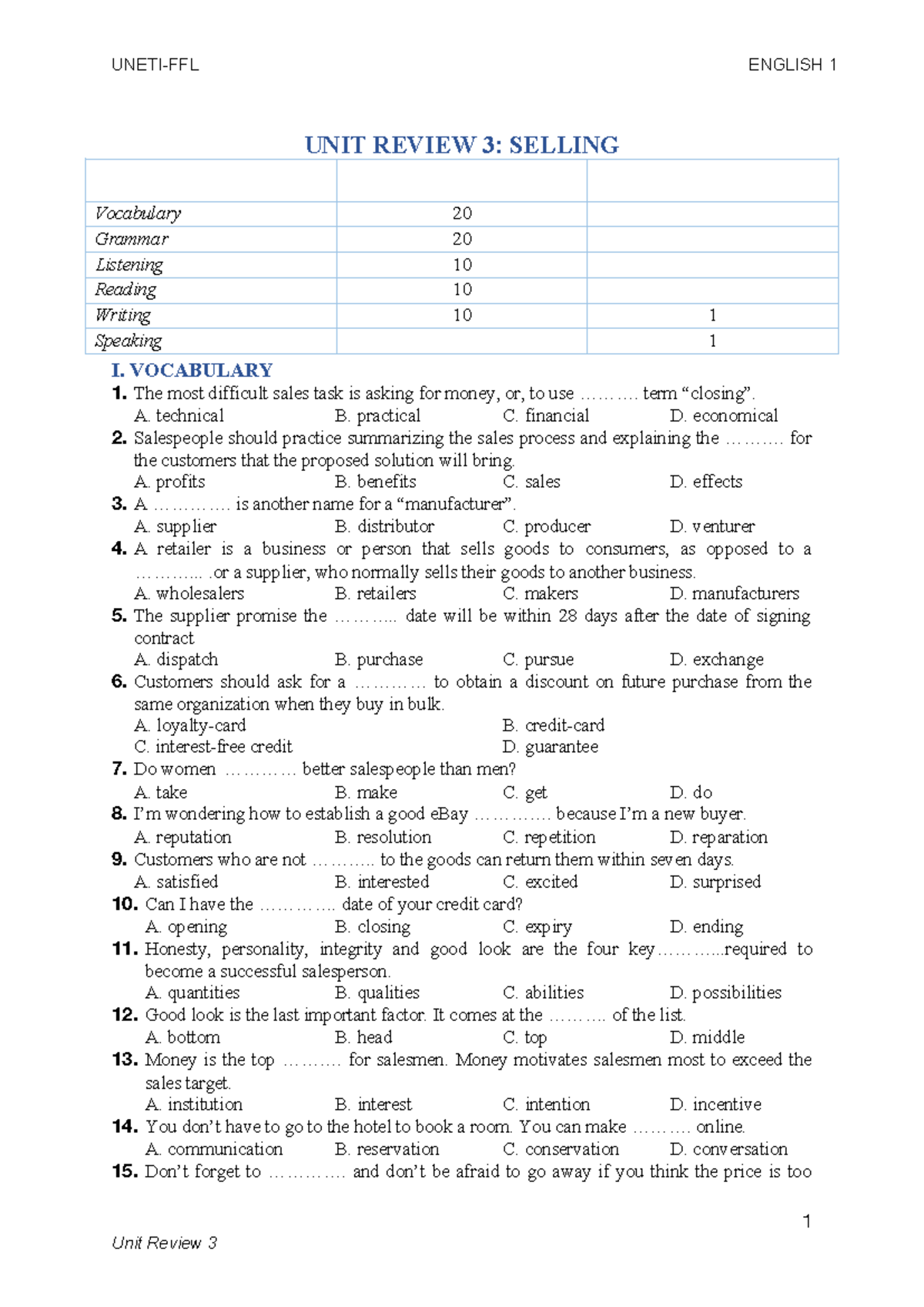 ENGLISH 1 UNIT REVIEW 3: VOCABULARY, GRAMMAR, READING, WRITING - Studocu