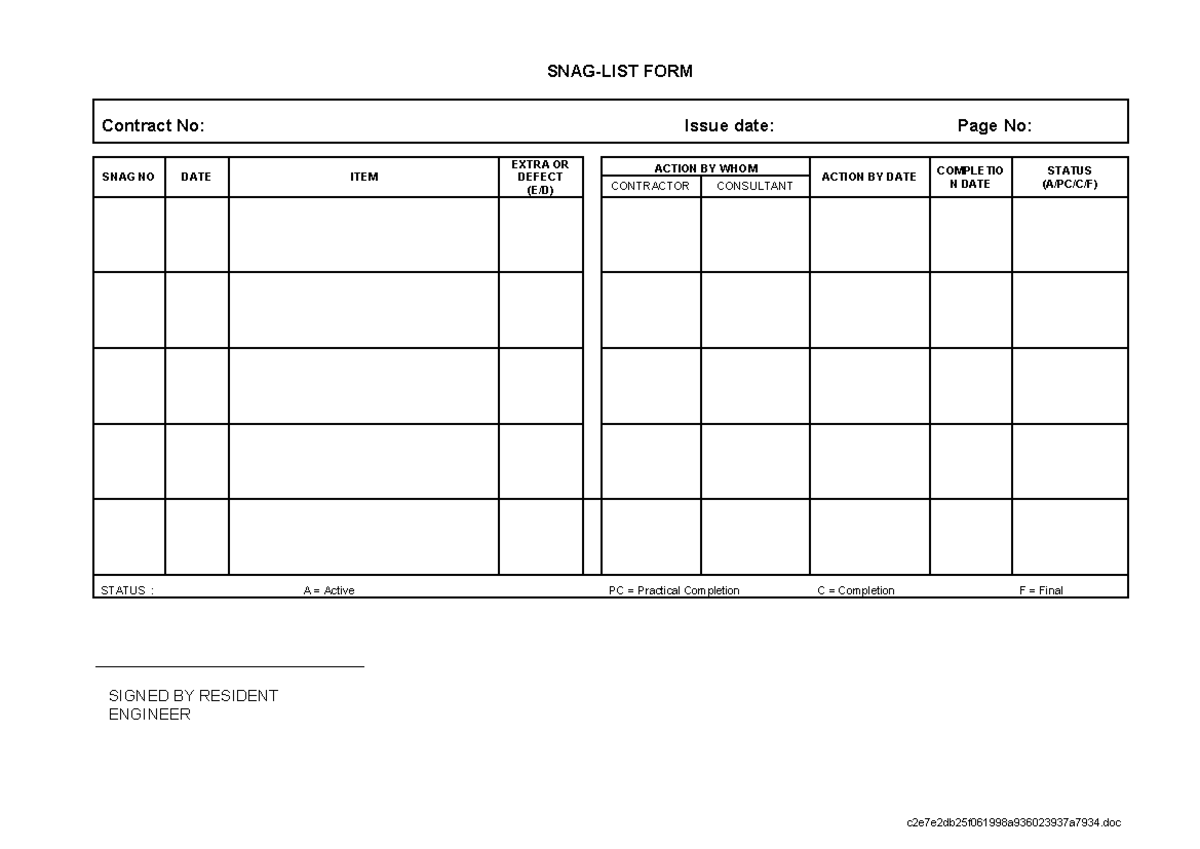 Form HO-01 Snags List Form SNG 1 - 2021-12-30T084925 - SNAG-LIST FORM ...