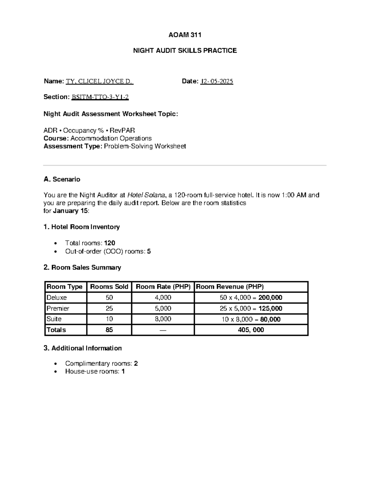 AOAM 311 Night Audit Skills Practice Worksheet - Studocu