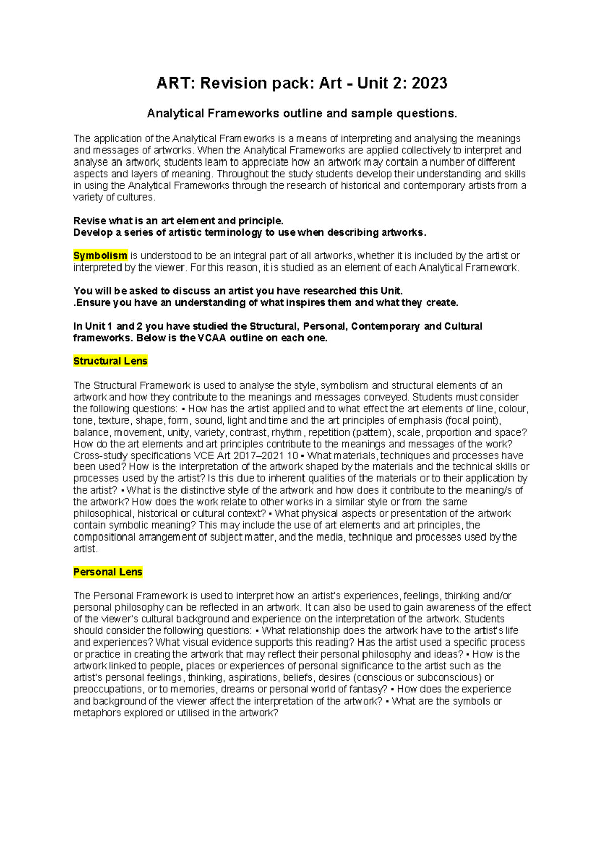 ART: Revision Pack for Unit 2 - 2023 Analytical Frameworks & Sample Qs ...
