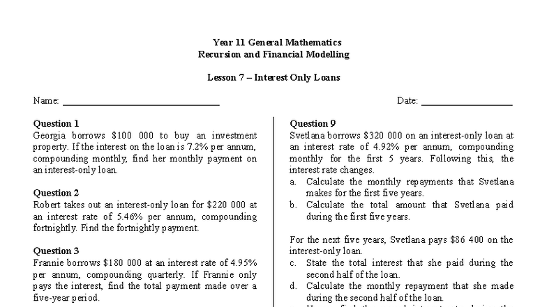 Year 11 General Mathematics Lesson 7: Interest Only Loans - Studocu