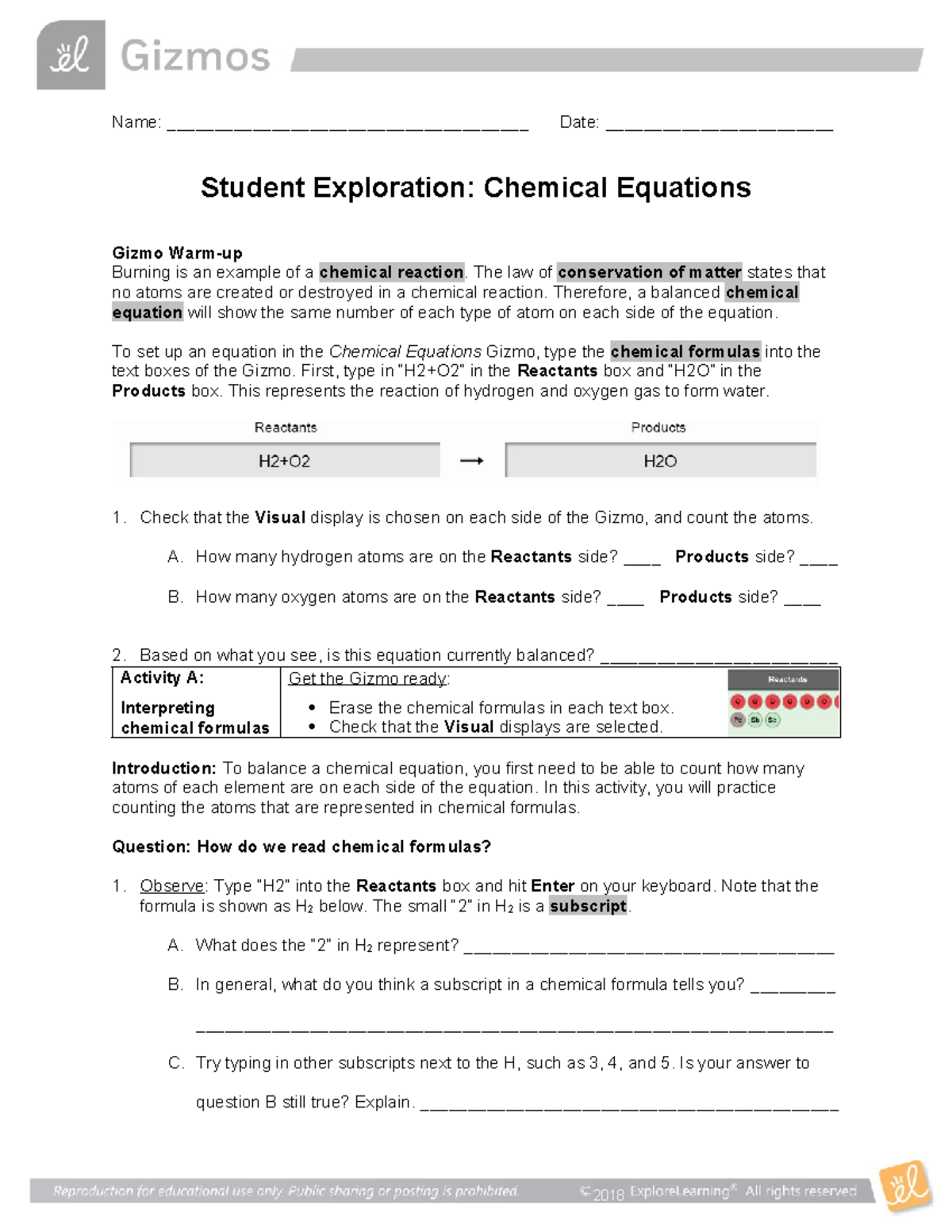 Gizmo SE: Exploring Chemical Equations and Balancing Reactions - Studocu
