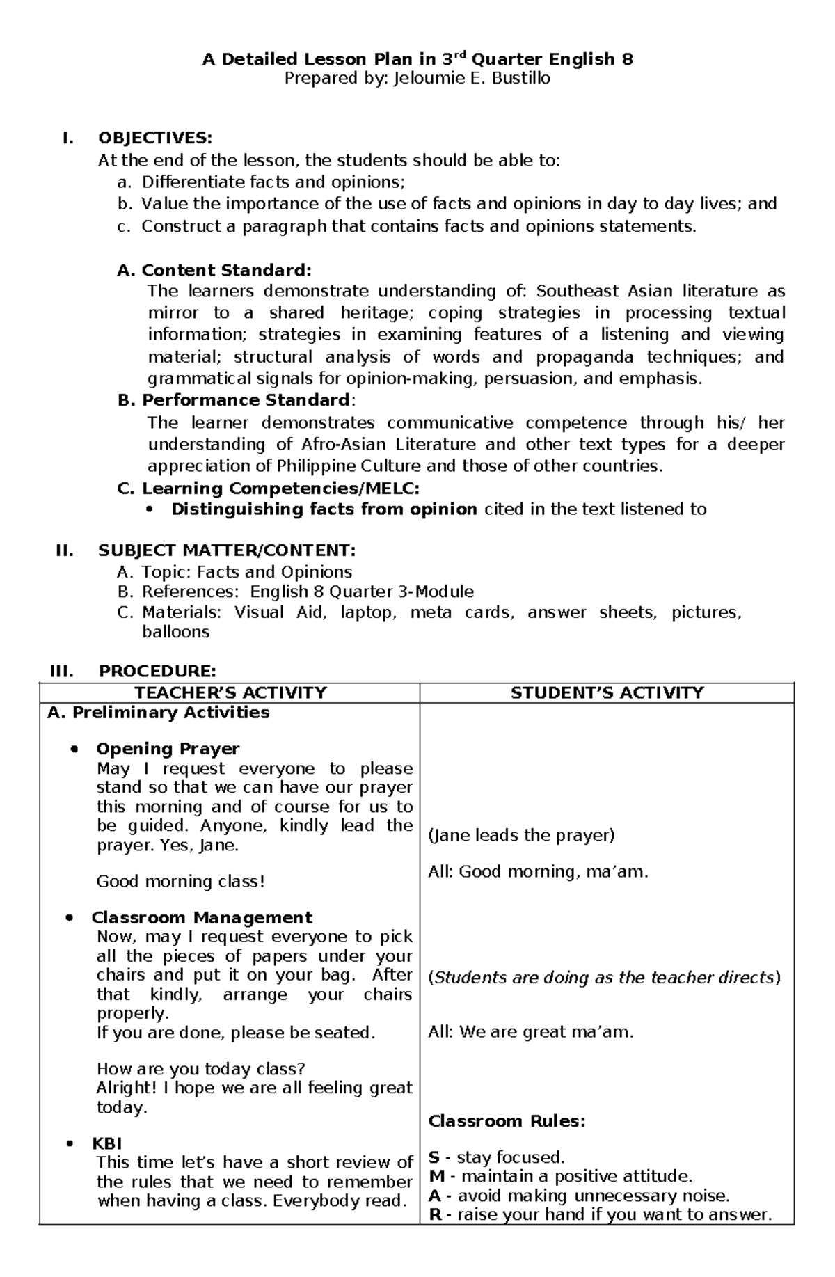 A Detailed Lesson Plan in 3rd Quarter (Facts ^0 Opinions) English 8 - A ...