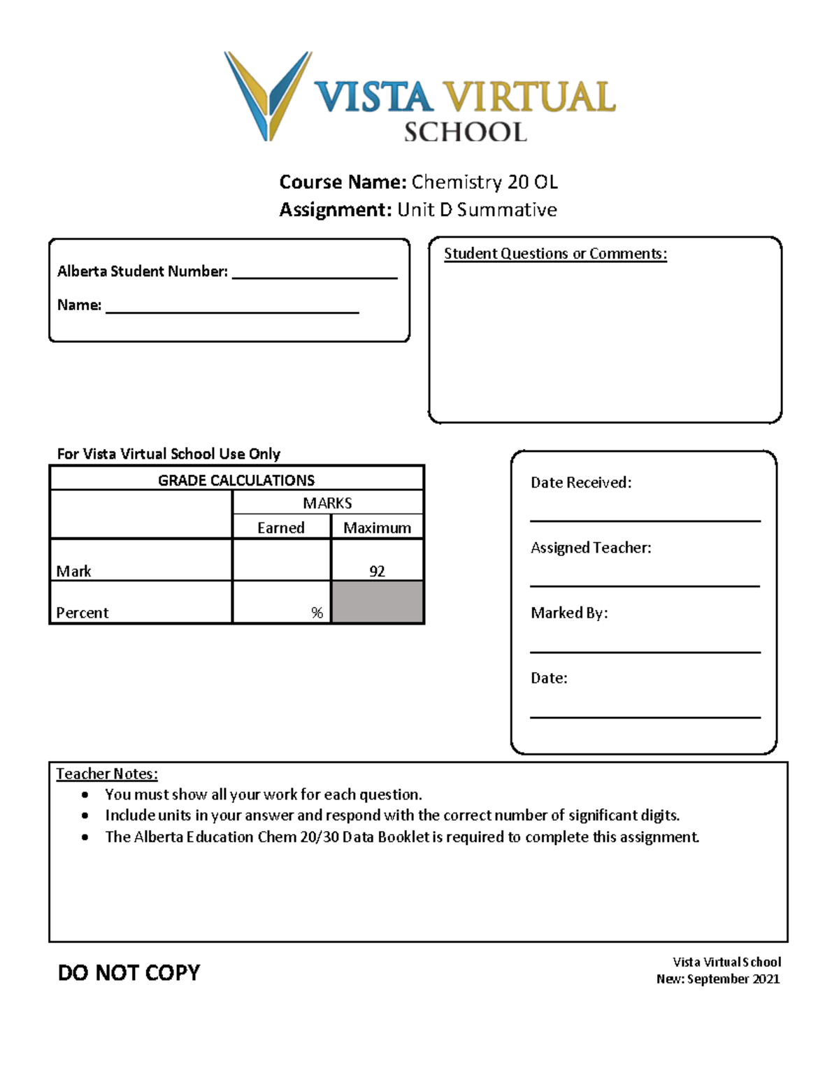 Unit D Summative Sept 2021 - Course Name: Chemistry 20 OL Assignment ...