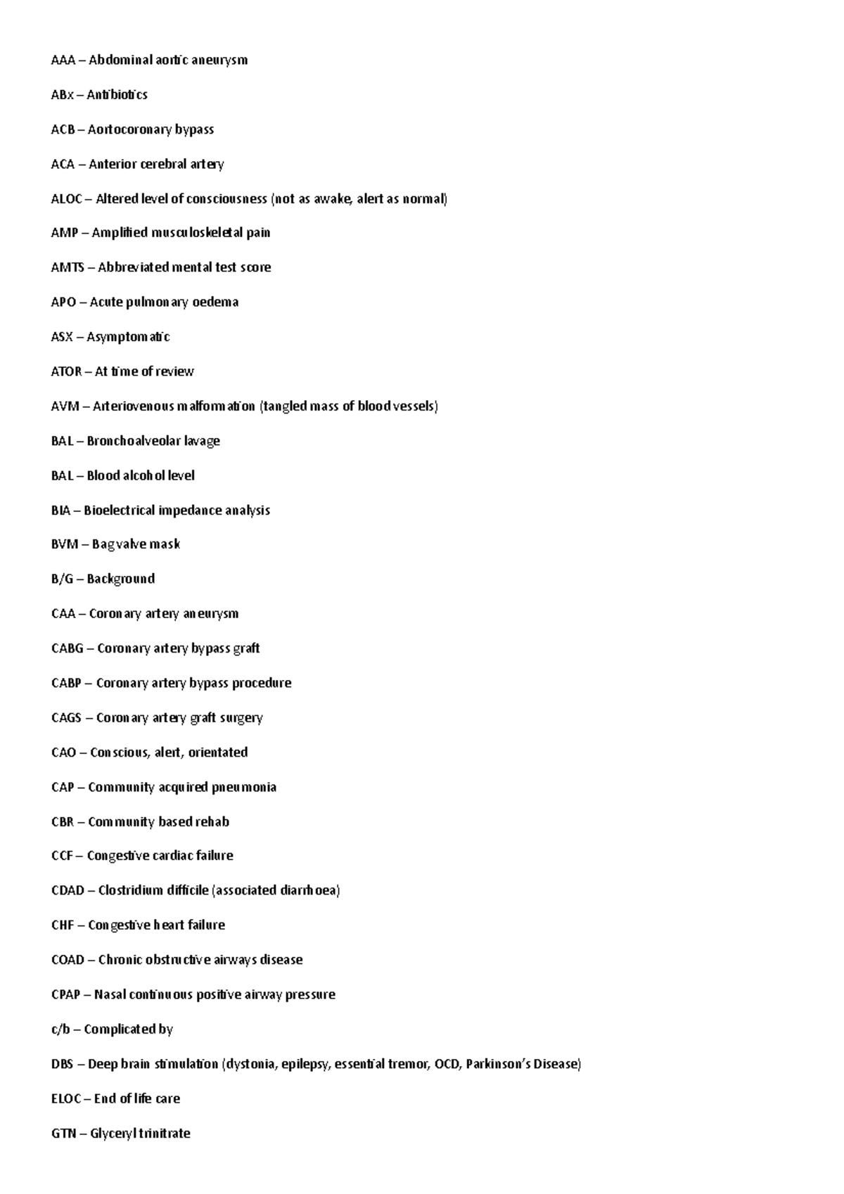 List of Abbreviations - Abdominal aortic aneurysm ABx Antibiotics ACB ...