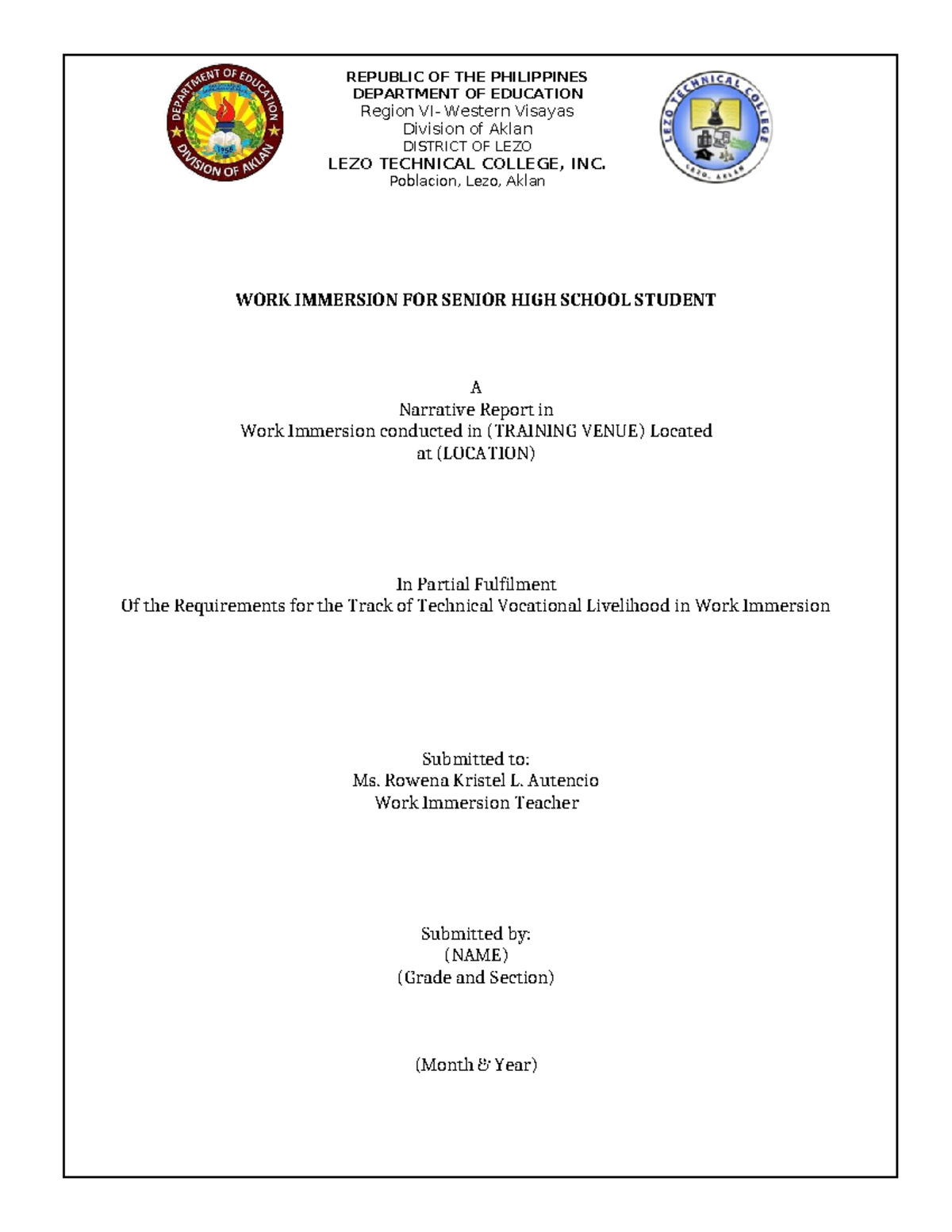 Work Immersion Narrative Report for SHS Students (Portfolio 053142 ...