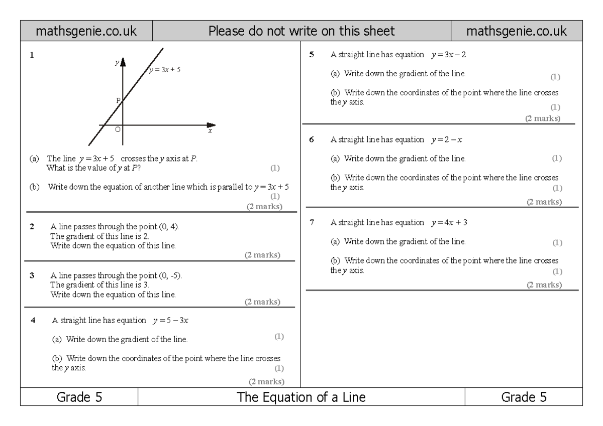 Grade 5 Maths: Equations of Lines WS - Practice Questions - Studocu