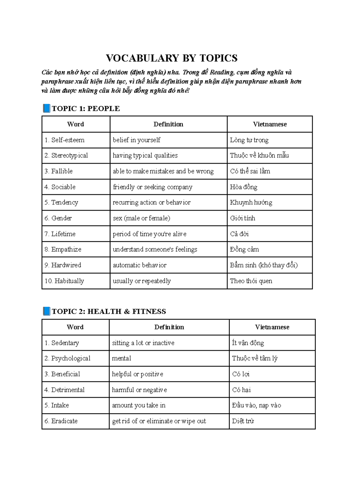 Vocabulary by Topics: Key Definitions and Translations - Studocu