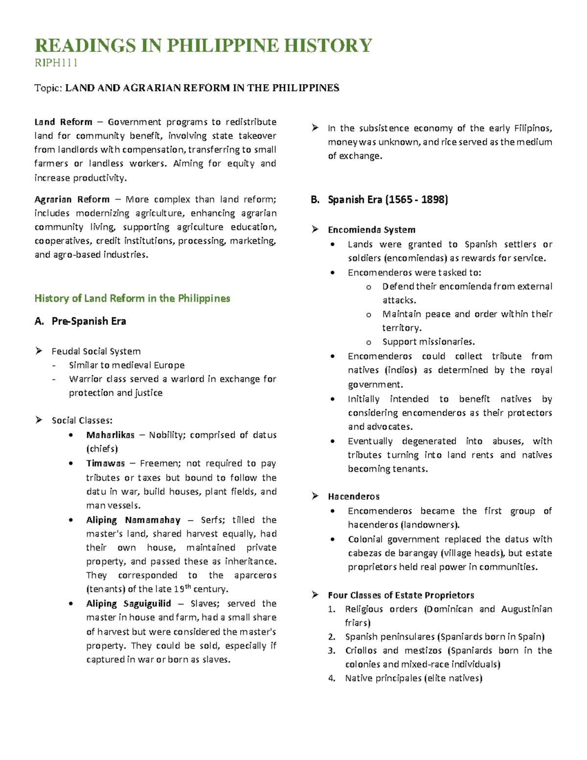 READINGS IN PHILIPPINE HISTORY: LAND AND AGRARIAN REFORM OVERVIEW - Studocu