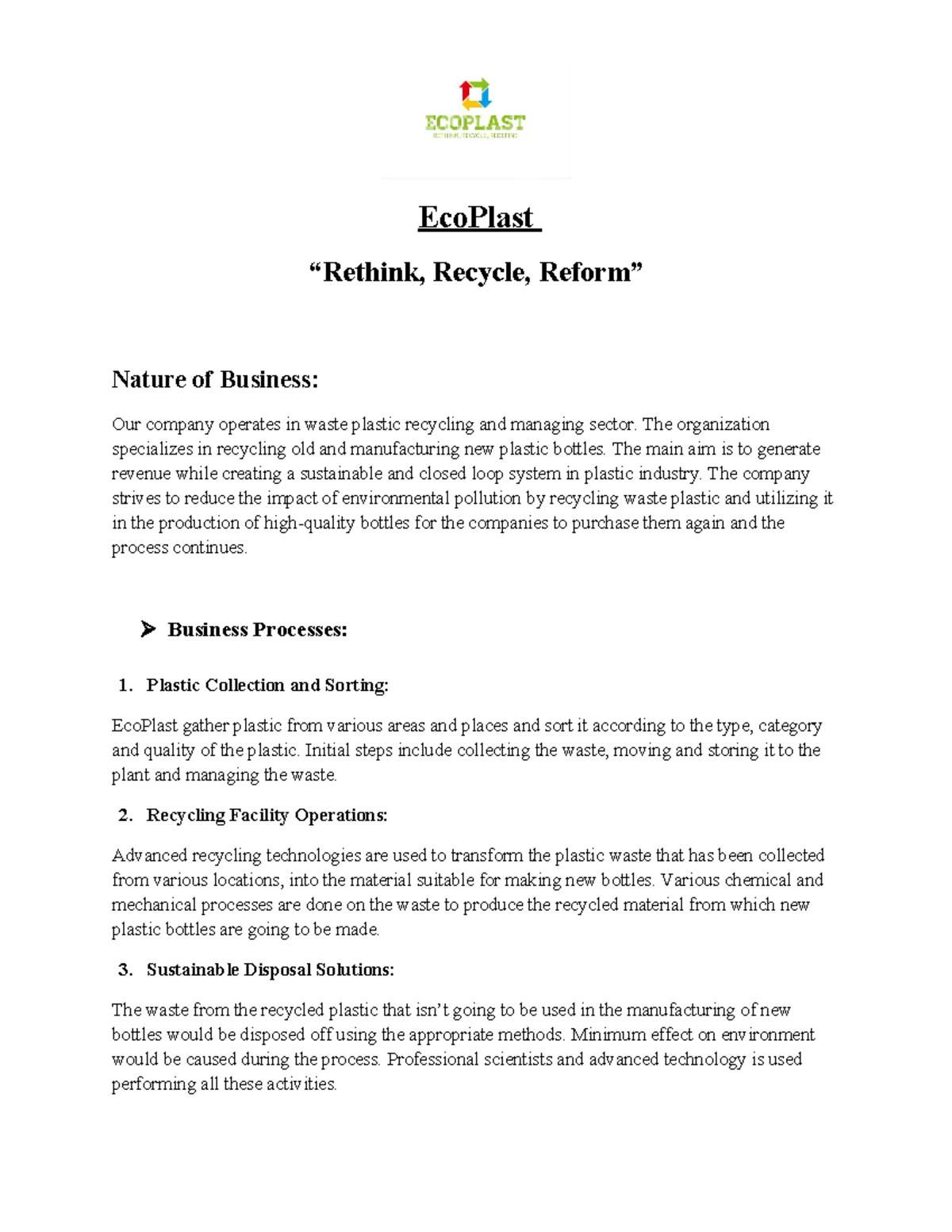 New Business creation - EcoPlast “Rethink, Recycle, Reform” Nature of ...