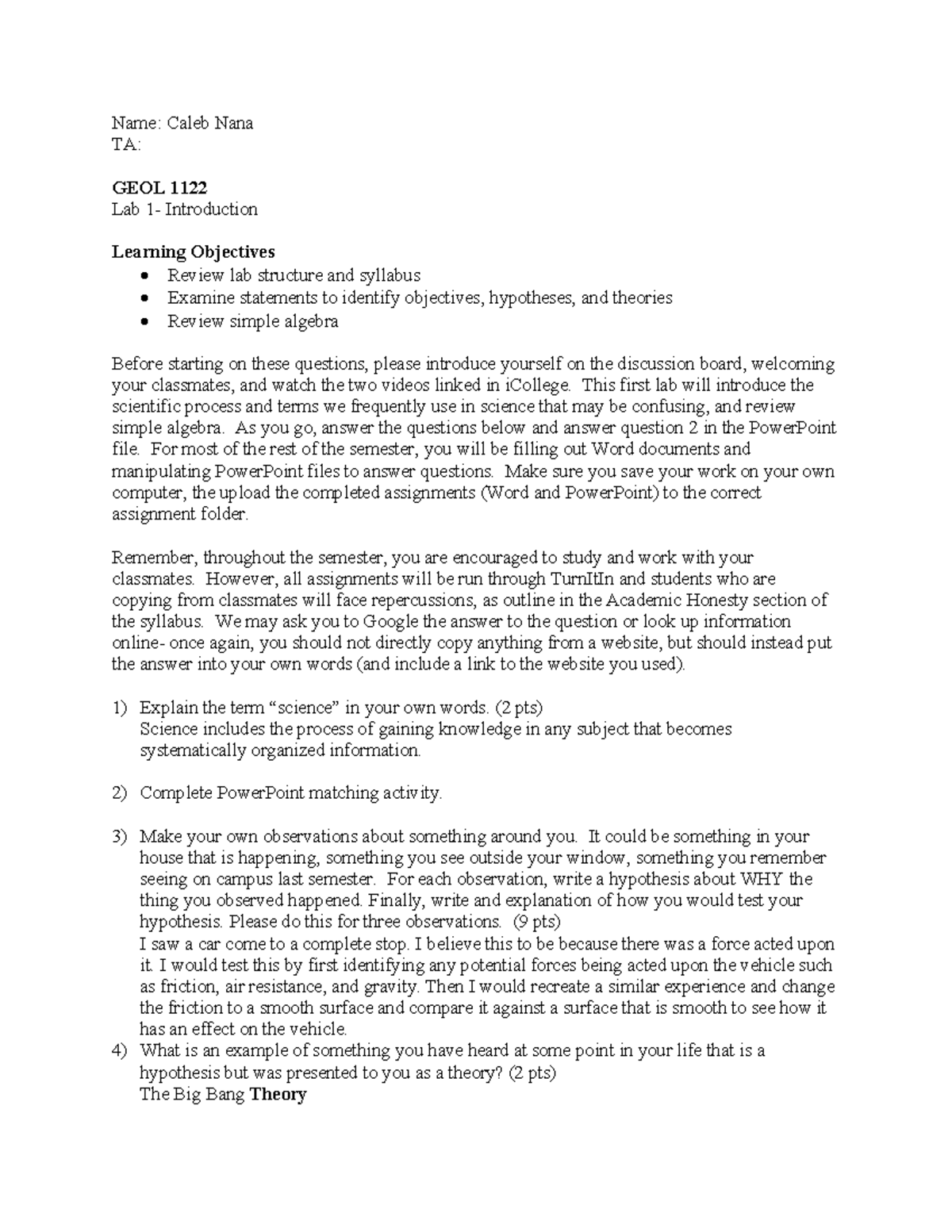 Lab 1: Introduction to GEOL 1122 Learning Objectives and Algebra Review ...