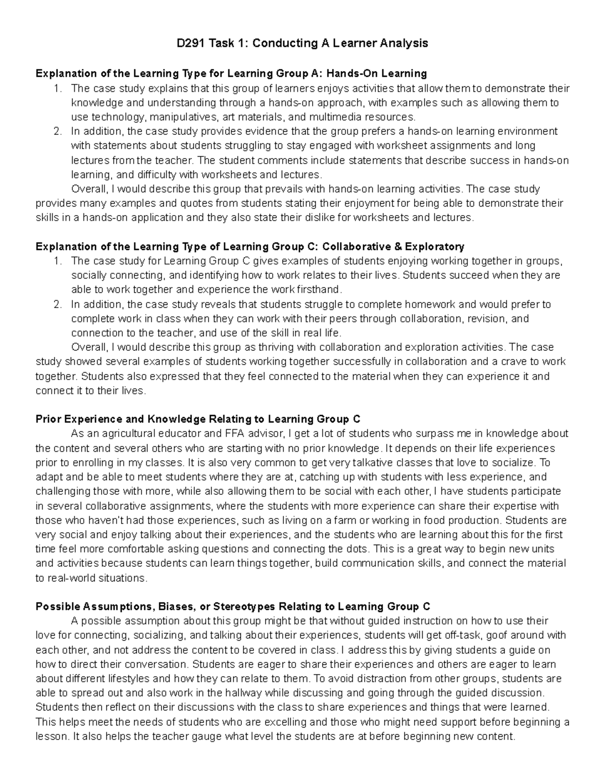 D291 Task 1: Analysis of Learner Types for Effective Engagement - Studocu