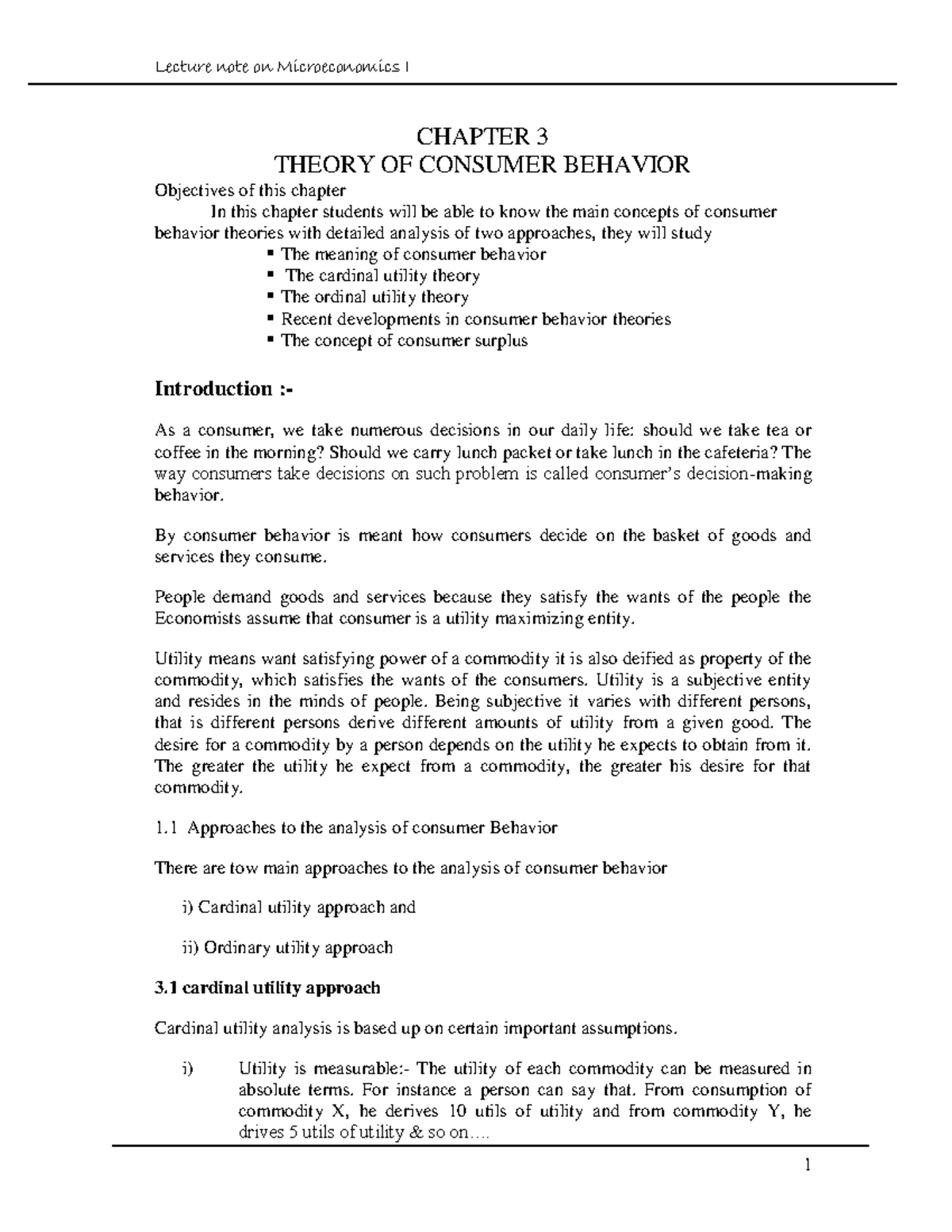 Microeconomics I: Chapter 3 - Theories of Consumer Behavior Analysis ...