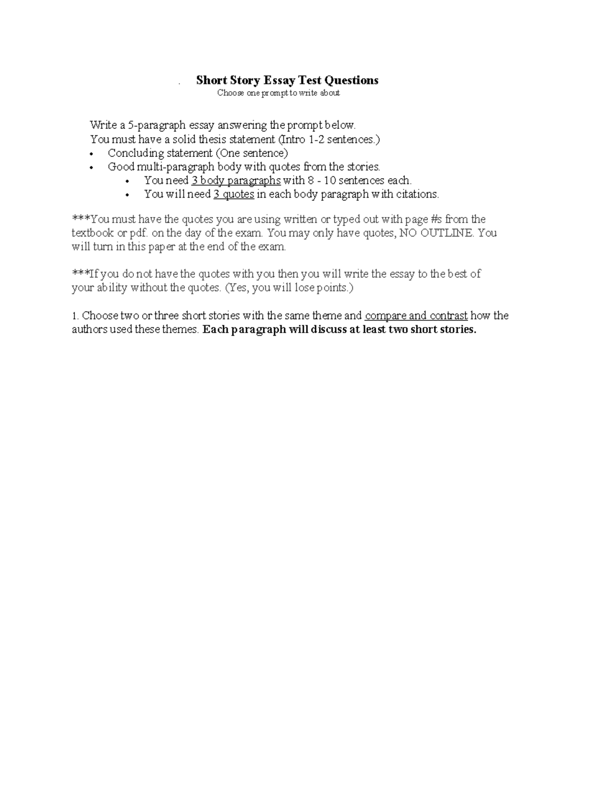 Short Story Essay Test Questions Guidelines 2020 - Studocu