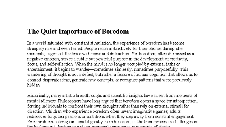 The Hidden Value of Boredom: A Catalyst for Creativity and Growth - Studocu