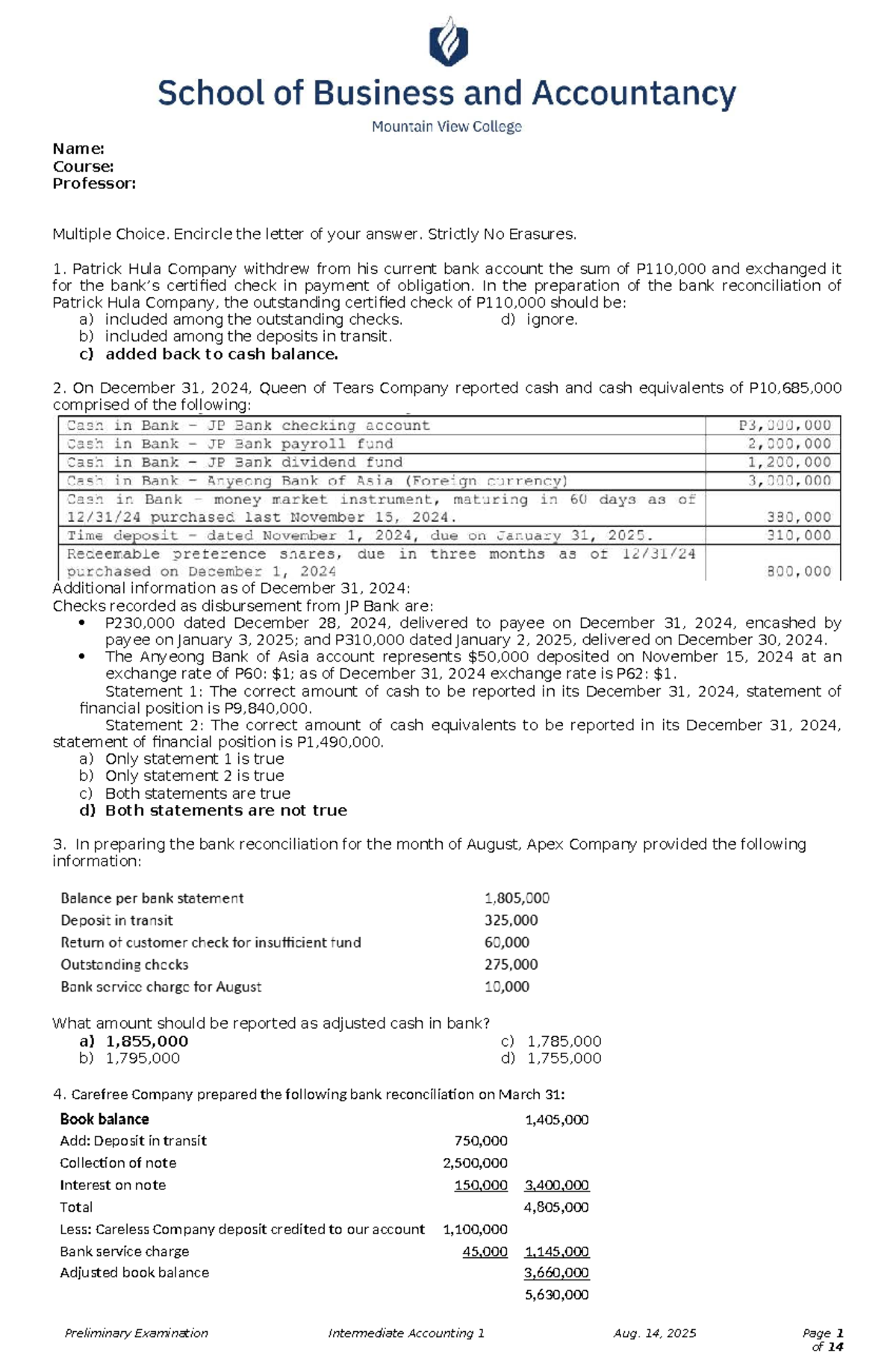 Preliminary Examination Answer Key for Intermediate Accounting 1 (BSA ...