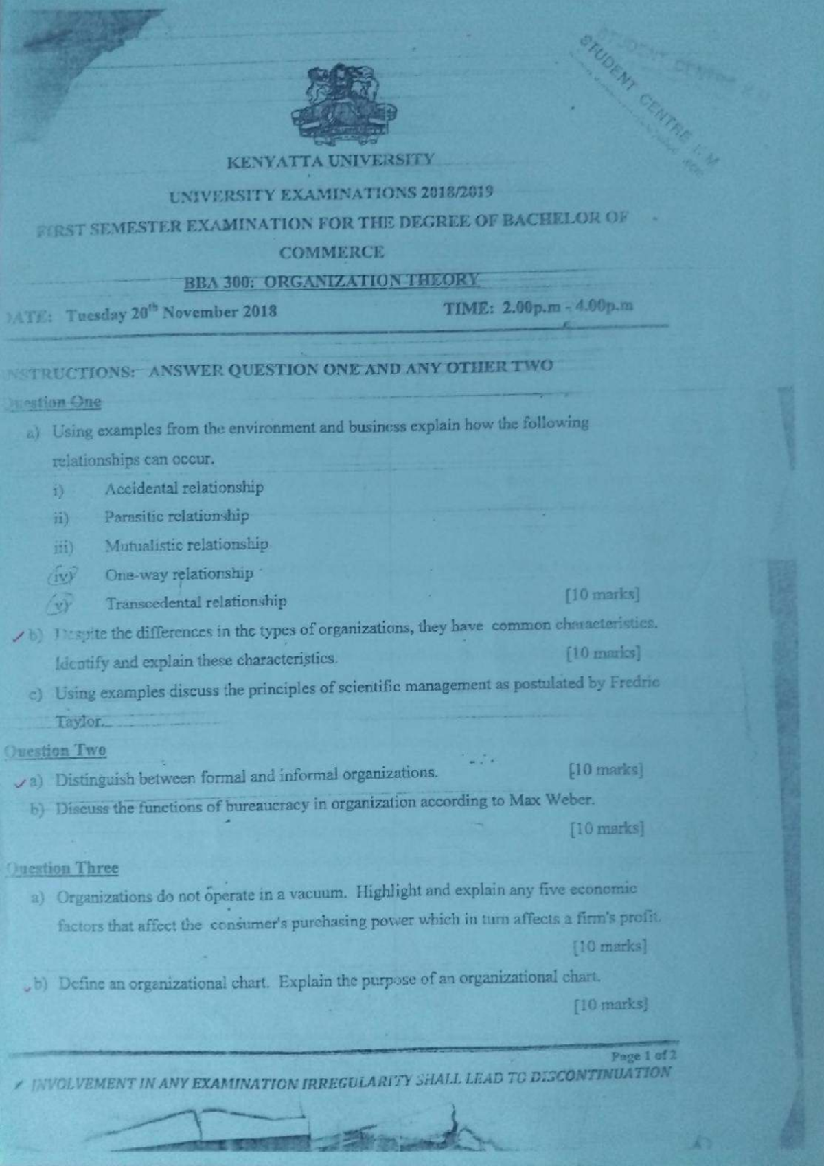 BBA 300: Organization Theory Past Exam Papers and Questions - Studocu