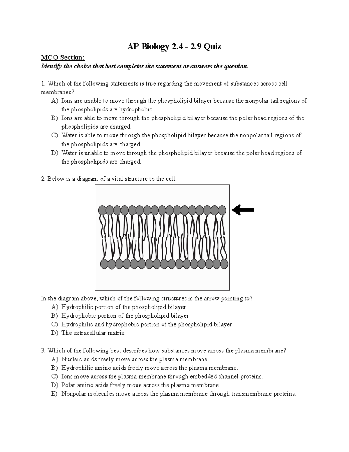 AP BIO 752840501 Unit 2 Quiz: Cell Membrane Transport MCQs - Studocu