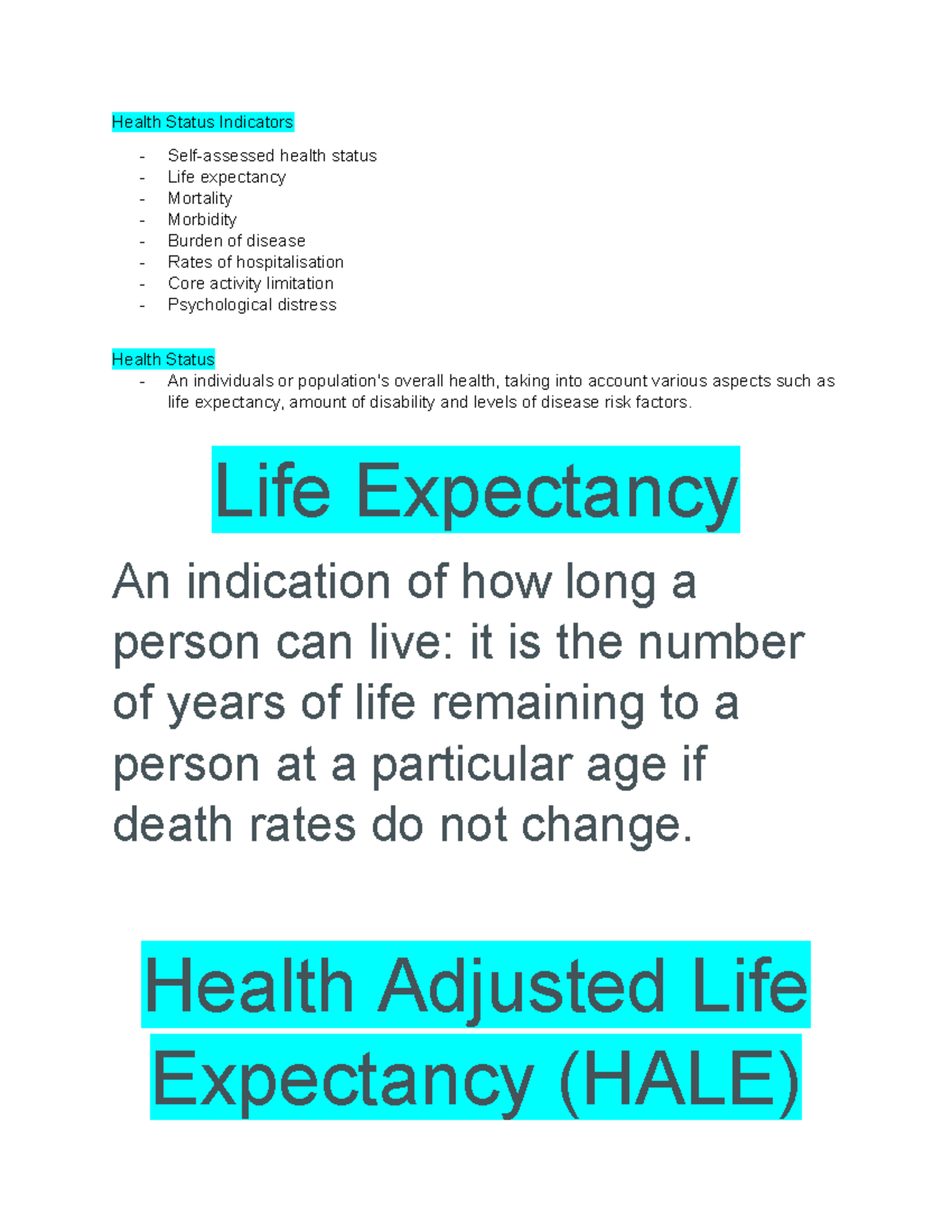 HHD AOS 1 Health Status Indicators: Summary Notes and Insights - Studocu