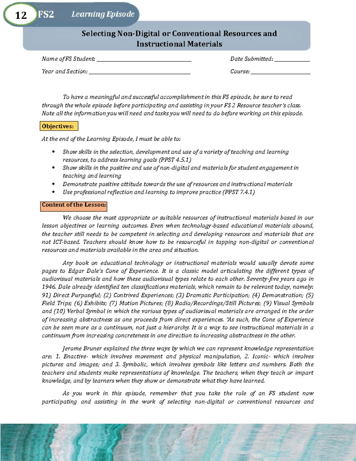 Learning-Episode-12 - Learning Episode - Name of FS Student: - Studocu