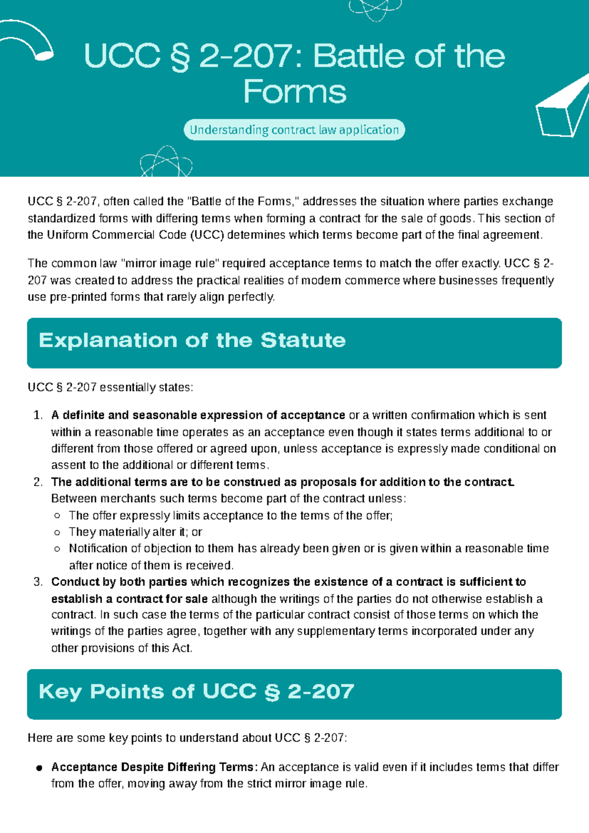 UCC 2-207: Overview of the Battle of the Forms in Contract Law - Studocu