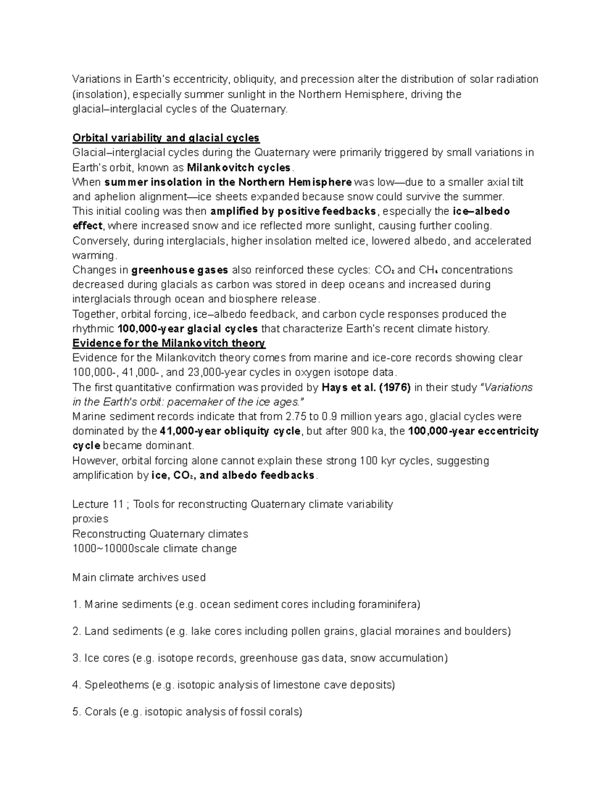 Week 6 Summaries: Milankovitch Cycles and Quaternary Climate ...