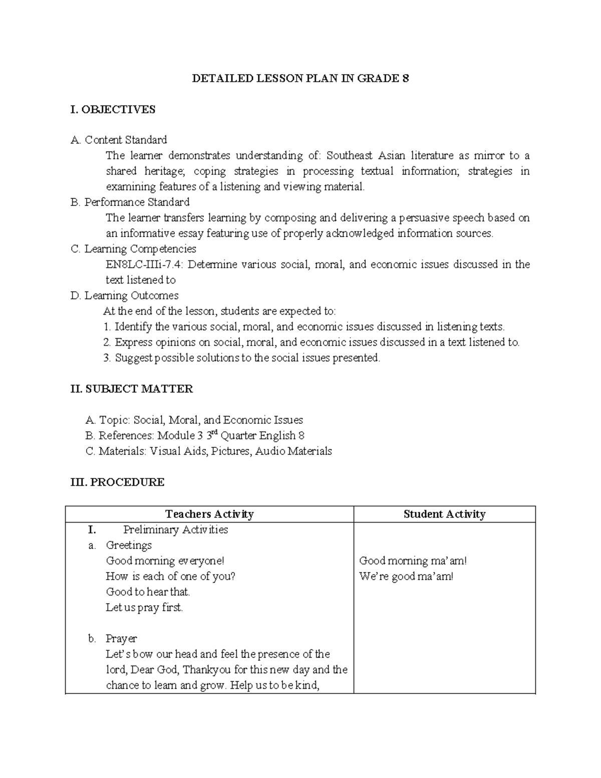 Grade 8 Detailed Lesson Plan: Social, Moral, & Economic Issues - Studocu