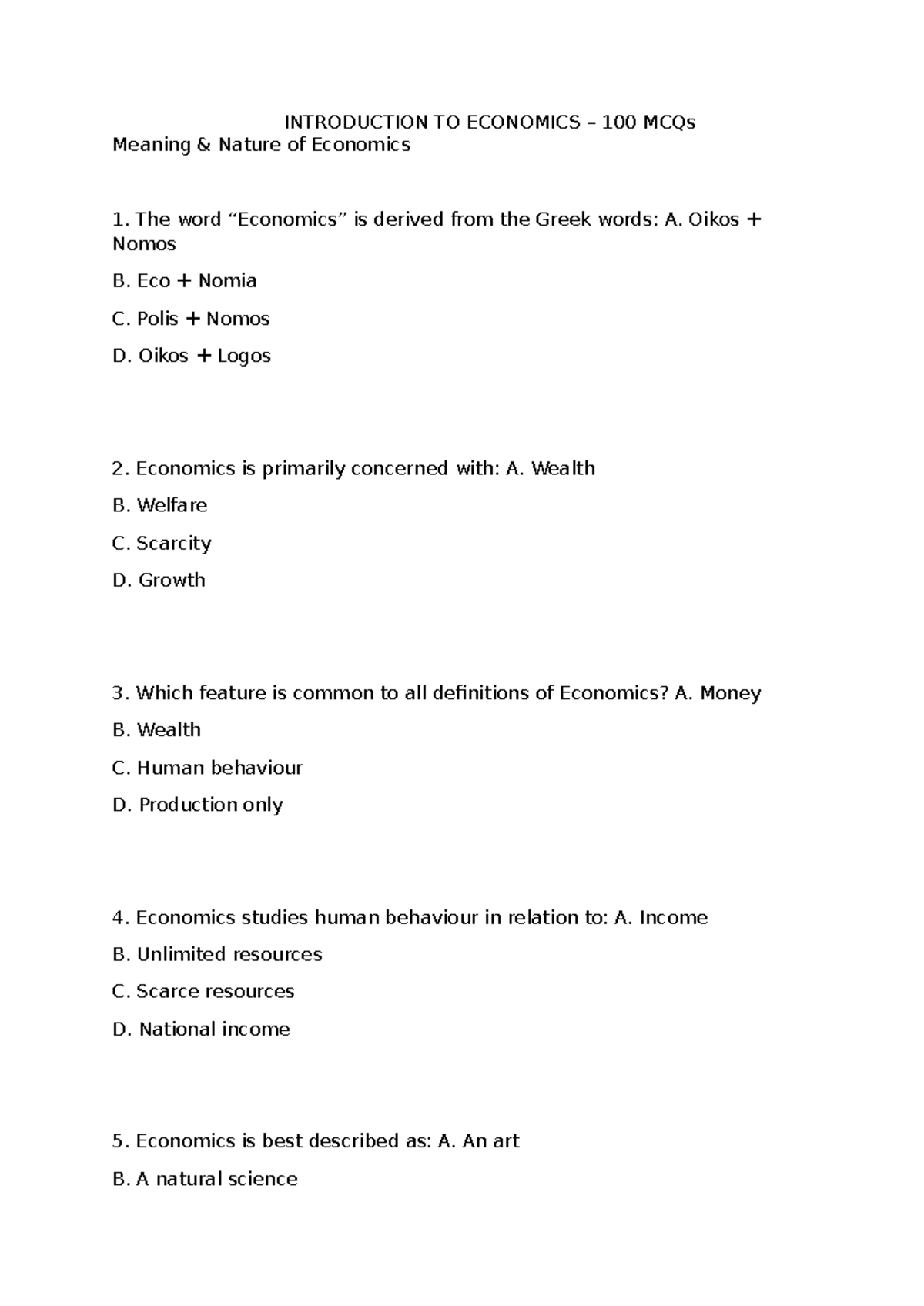 Economics 100: Comprehensive MCQs for Final Exam Revision - Studocu
