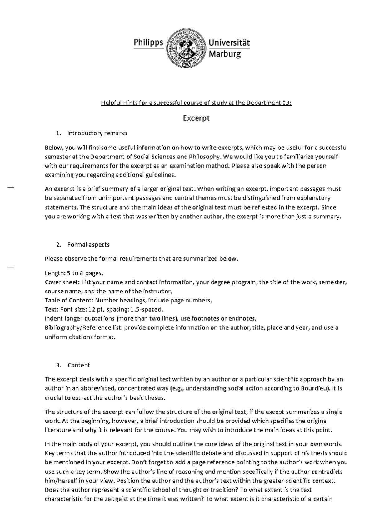 Helpful Hints for Writing Excerpts - Dept 03: Social Sciences - Studocu