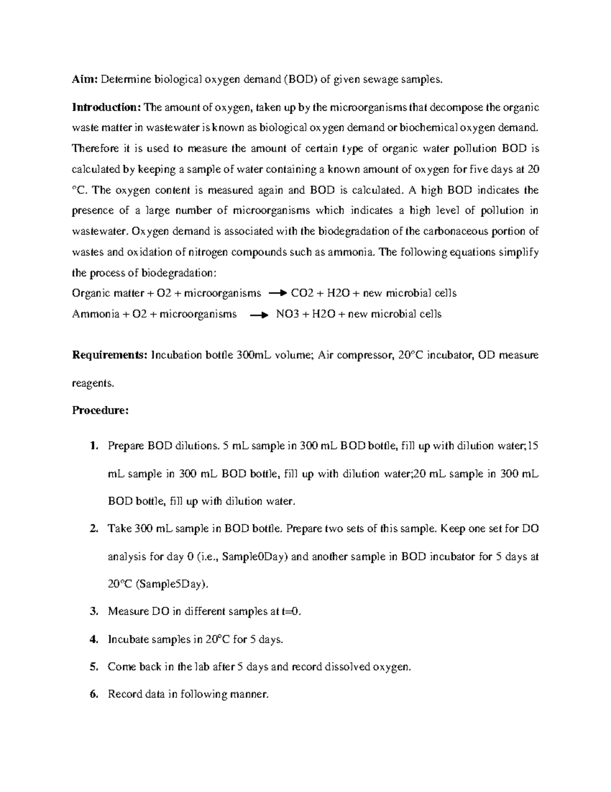 2189 Experiment 2: Measuring Biological Oxygen Demand (BOD) - Studocu